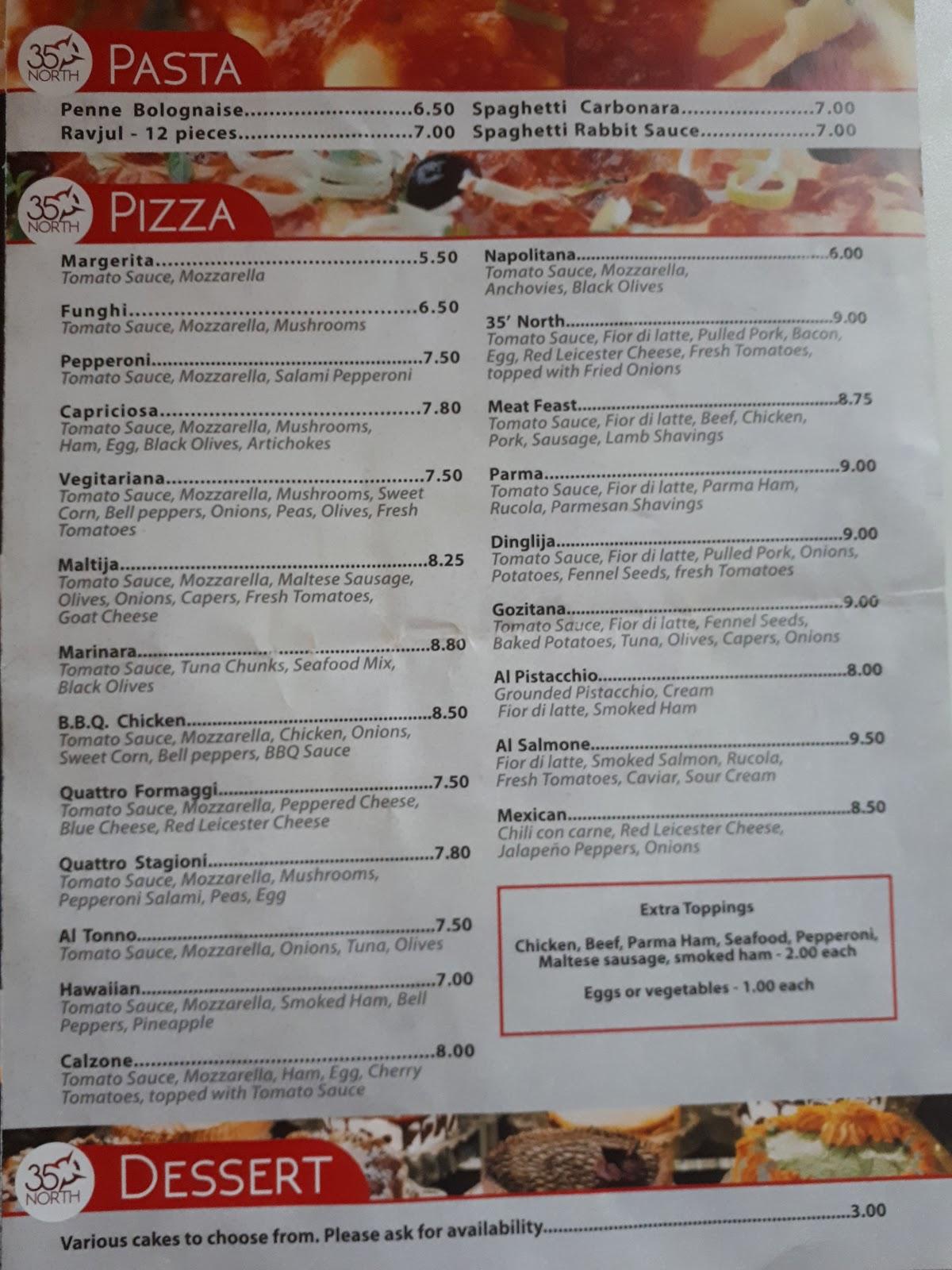 Menu at 35' North restaurant, Ħad-Dingli
