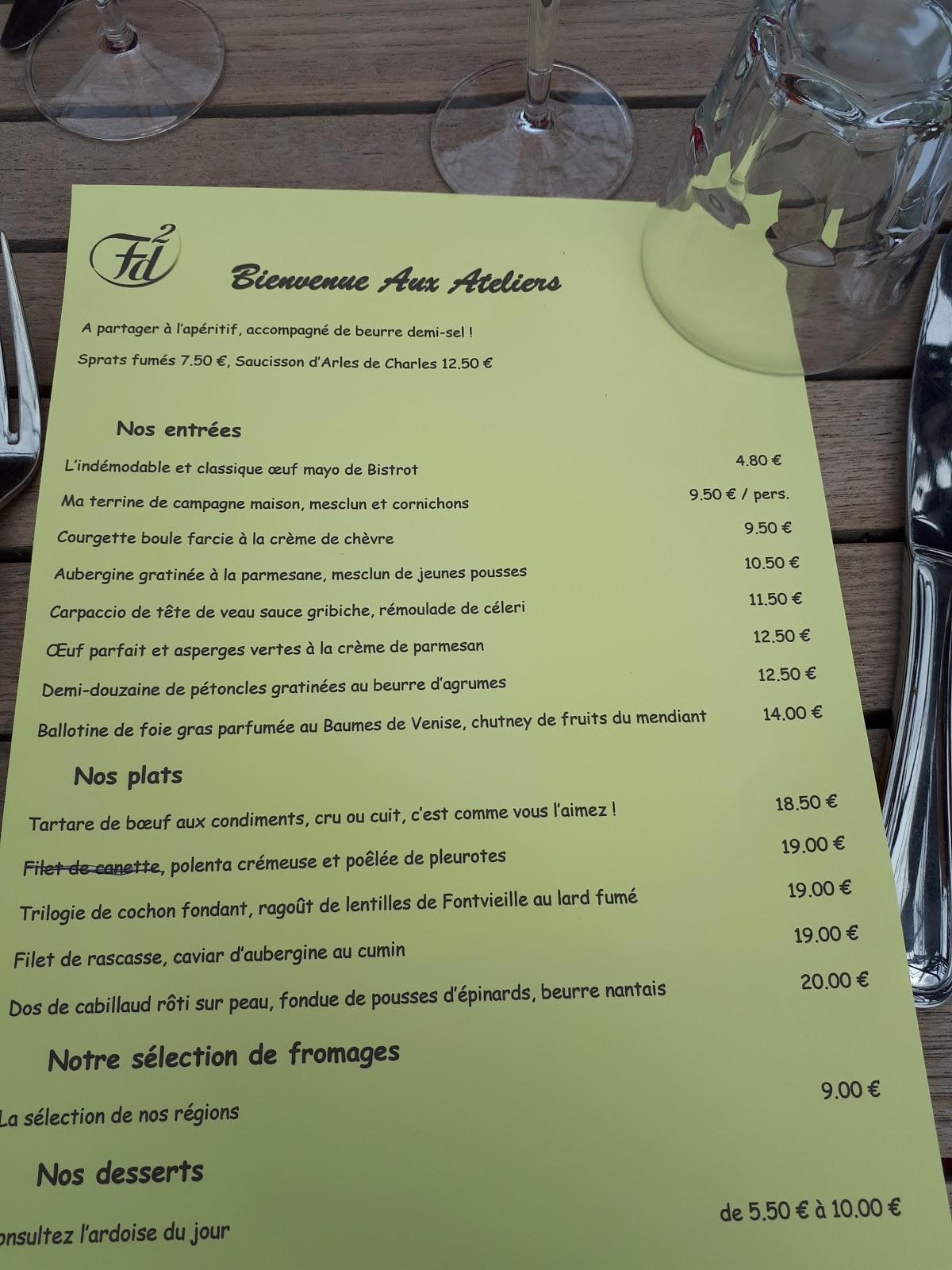 Menu au Aux Ateliers chez Franck & Flo restaurant, Maussane-les-Alpilles
