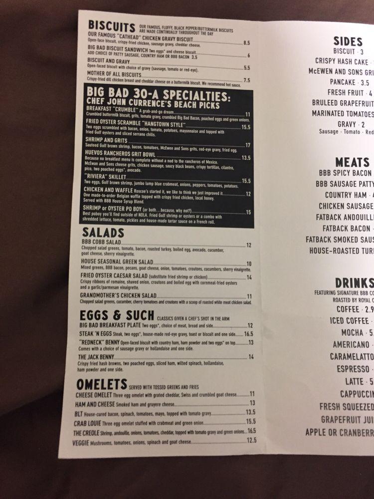 Menu at Big Bad Breakfast-Inlet Beach restaurant, Rosemary Beach