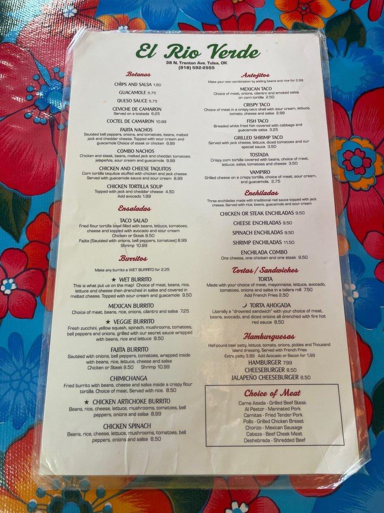 Menu at El Rio Verde Restaurant, Tulsa, 38 N Trenton Ave