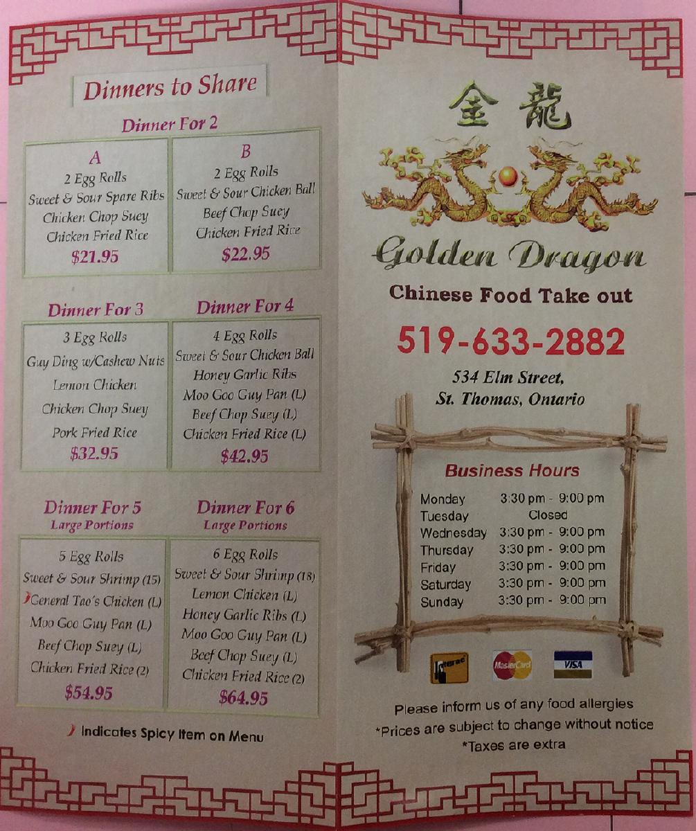 Menu at Golden Dragon restaurant, Saint Thomas