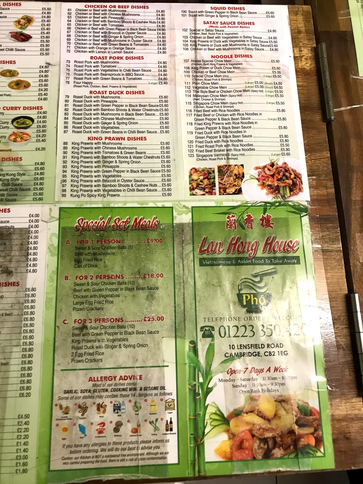 Menu at Lan Hong House fast food, Cambridge, 10 Lensfield Rd