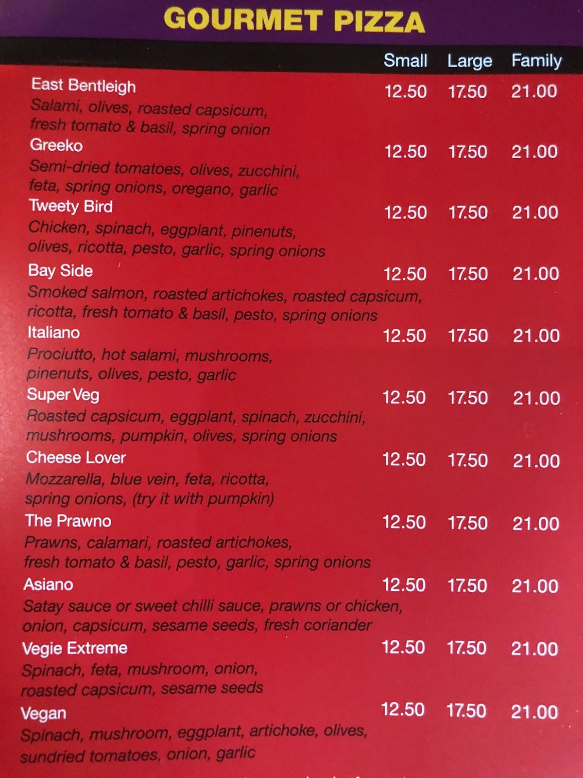 Carta de My Place Pizzeria, Bentleigh East