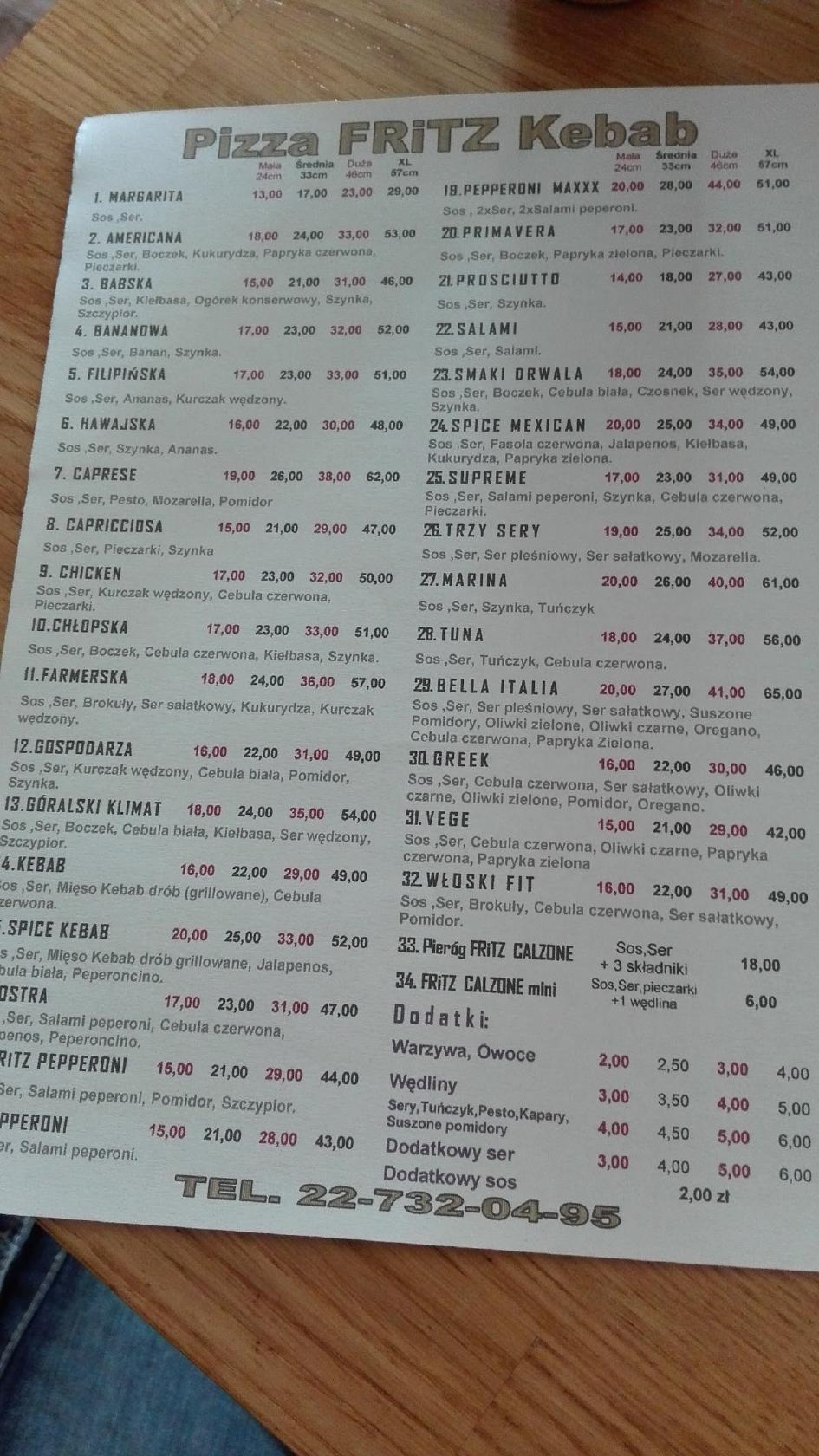 Menu at PIZZA - FRiTZ - KEBAB restaurant, Pomiechówek