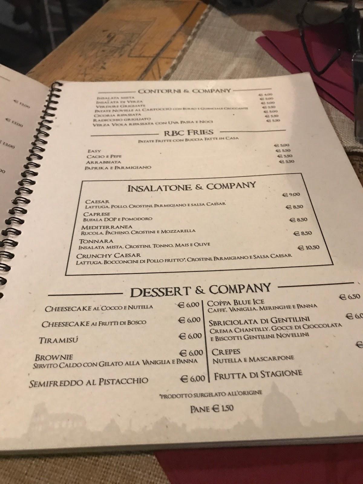 Menu da Roma Beer Company pub & bar, Roma, Piazzale di Ponte Milvio
