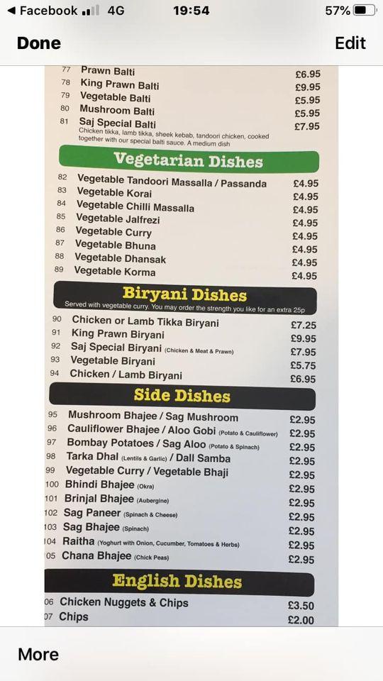 Menu at Saj Indian Limited fast food, Cinderford