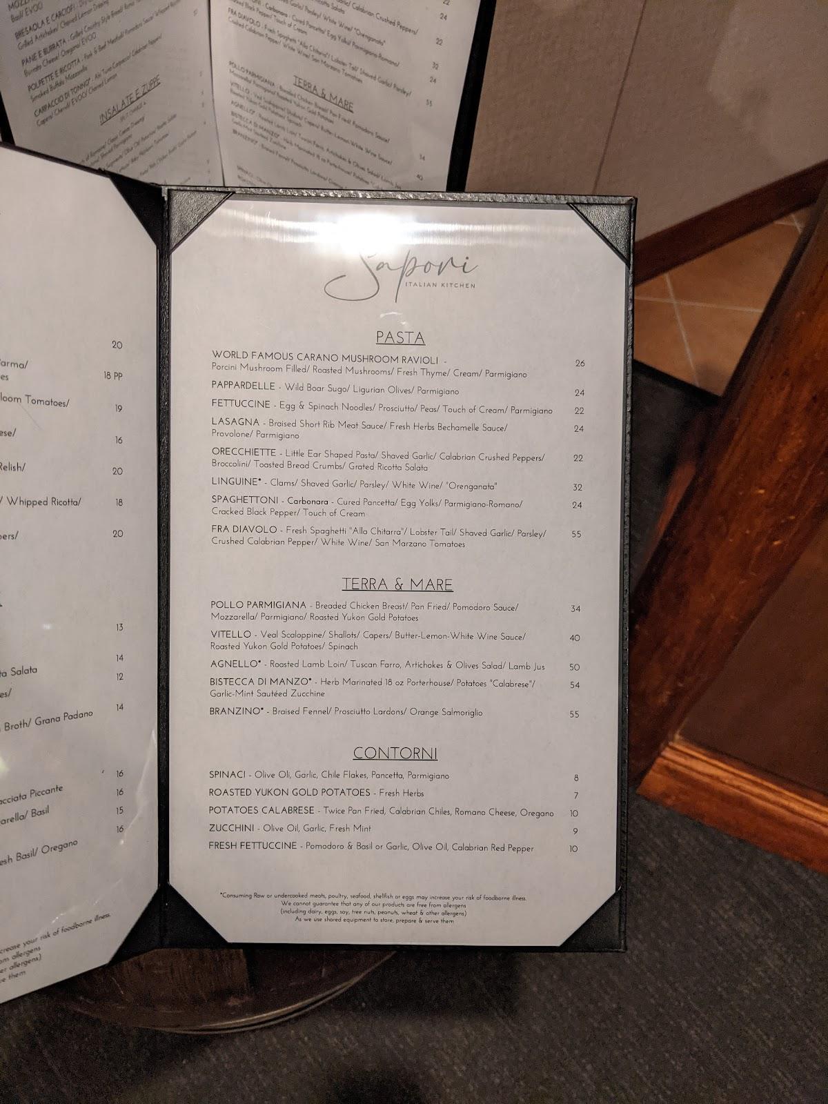 Menu at Sapori Italian Kitchen at Harrah's Lake Tahoe restaurant, Stateline