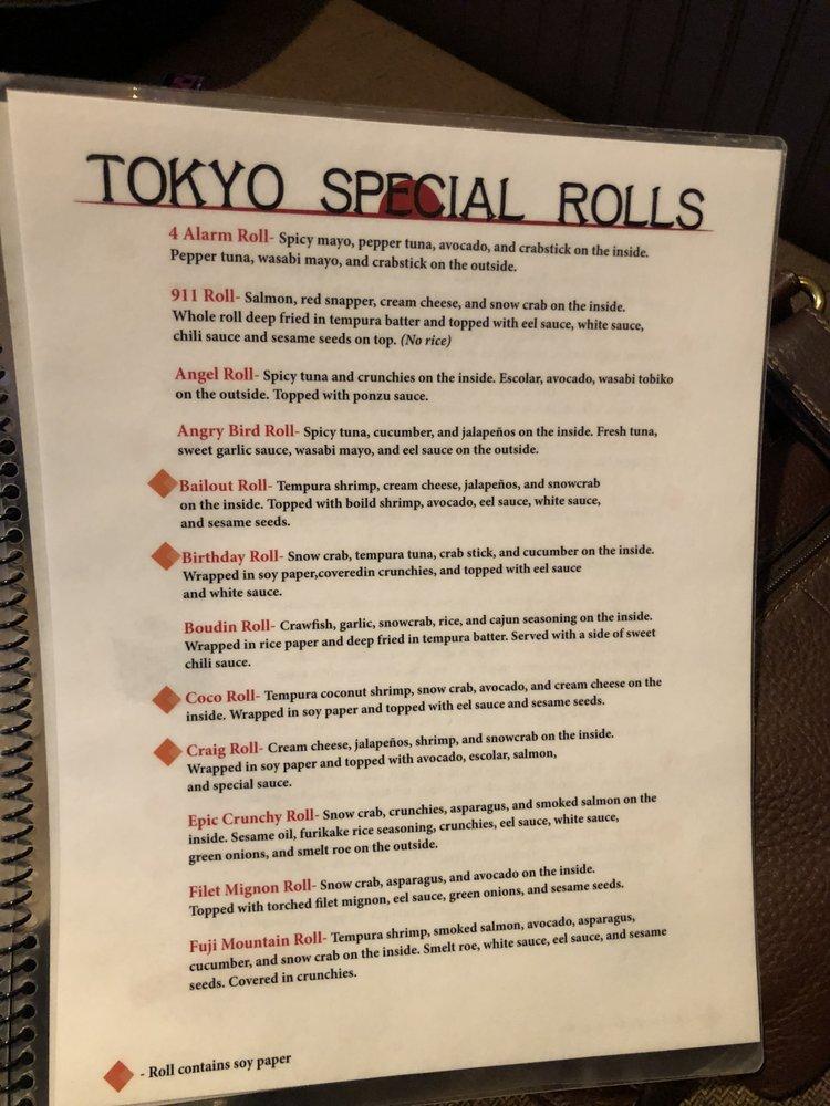 Menu at Taste of Tokyo restaurant, Destrehan
