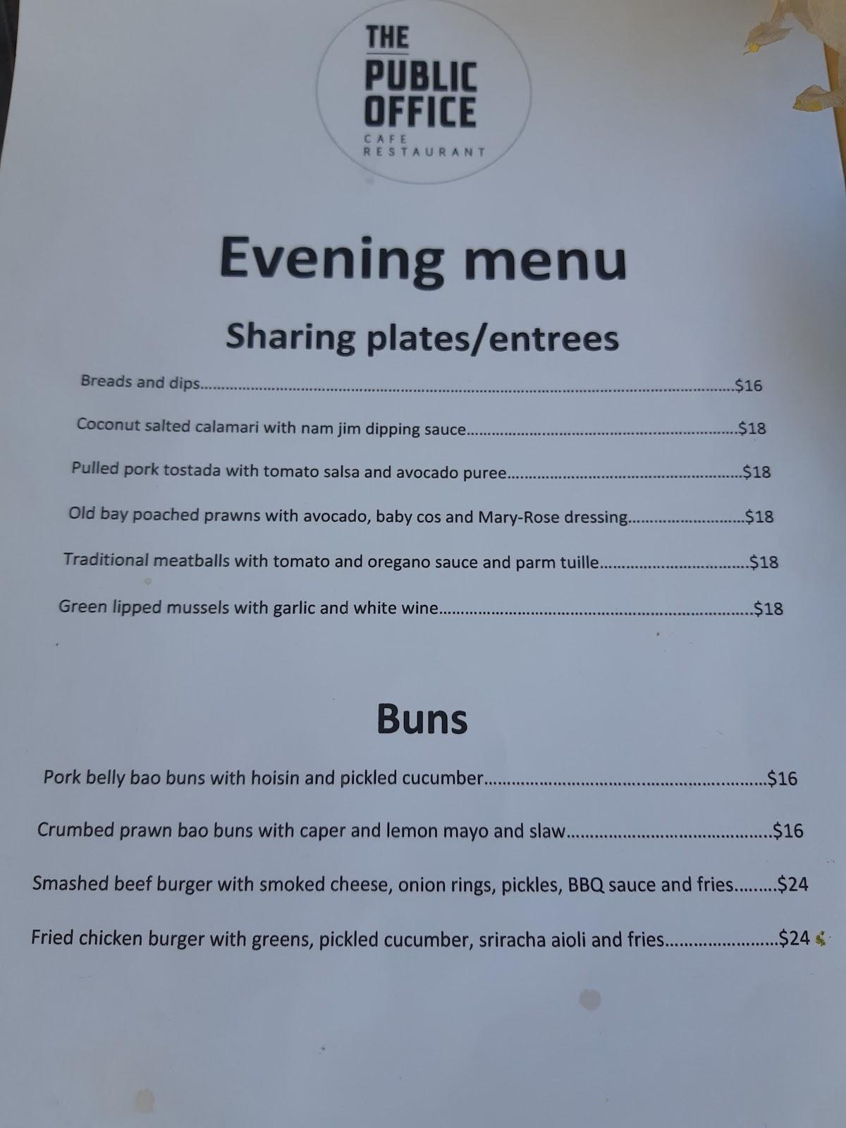 Menu at The Public Office, Ngatea