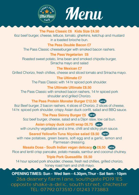Menu at The pass street food cafe, Chichester, 26 Deanery Farm Lane ...