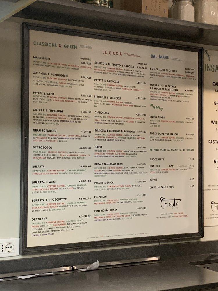 Menu at Trieste Pizza pizzeria, Rome