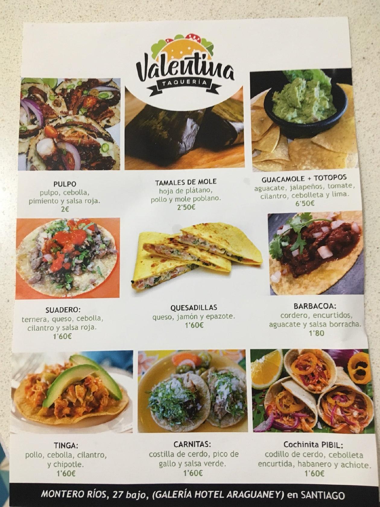 Carta de comida rápida Valentina Taquería, Santiago de Compostela