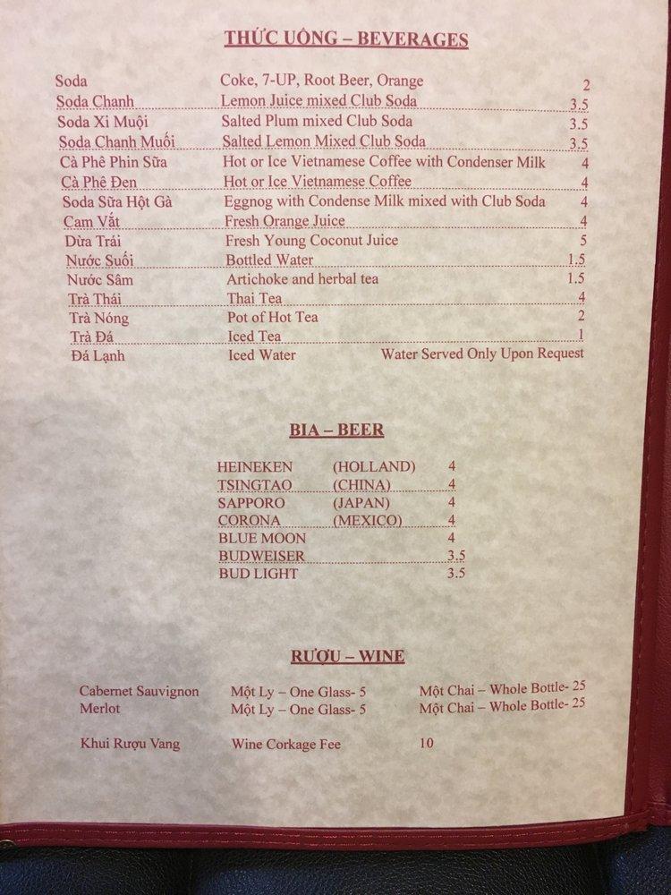 Menu at Anh Hong Restaurant, San Jose