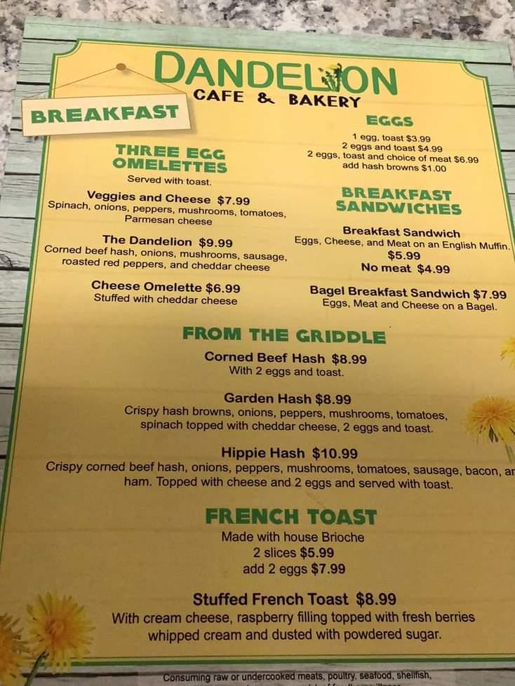 Menu at Dandelion Cafe & Bakery, South Gull Lake