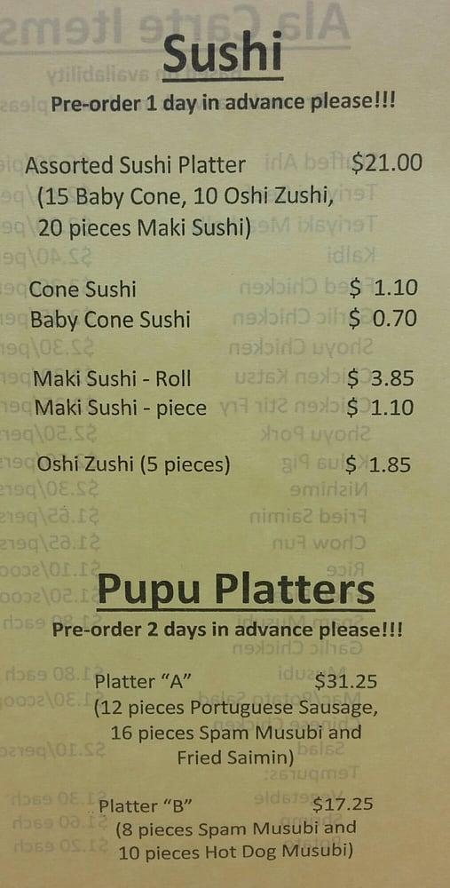 Menu at Mitsu-Ken fast food, Honolulu, N King St