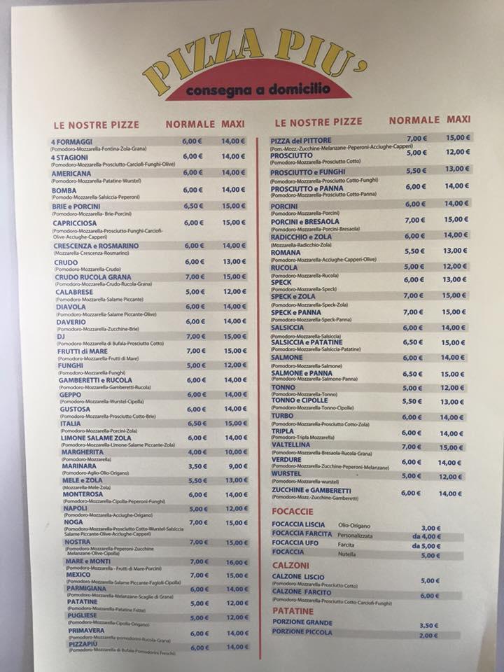 Menu at Pizza Più restaurant, Daverio, Via Roma