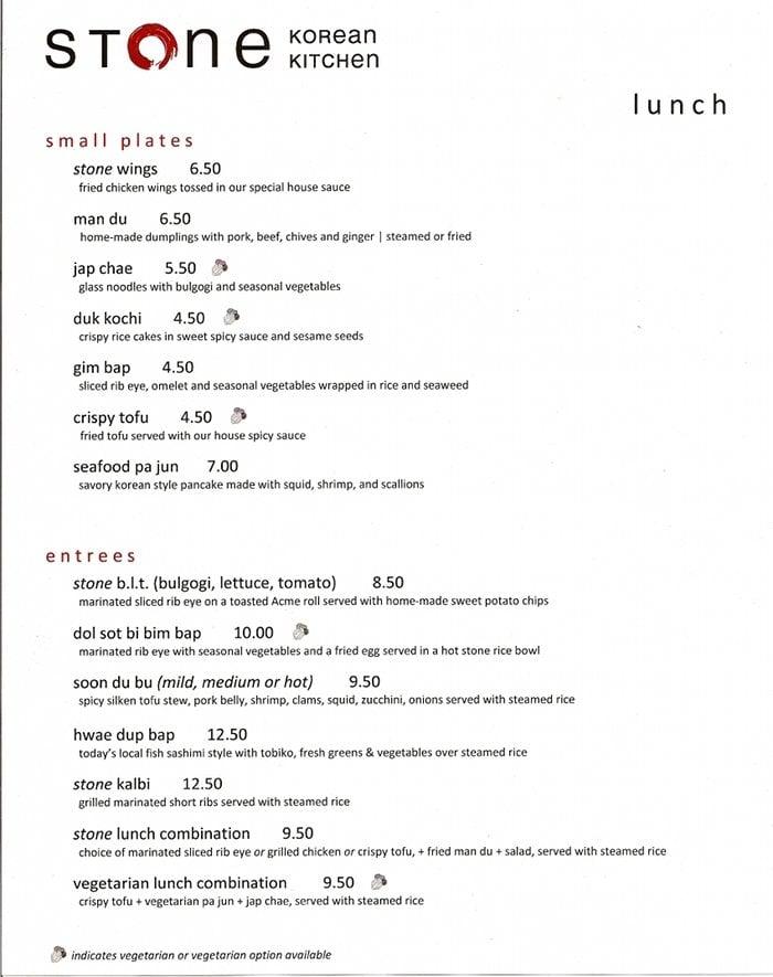 Menu at Stone Korean kitchen restaurant, San Francisco