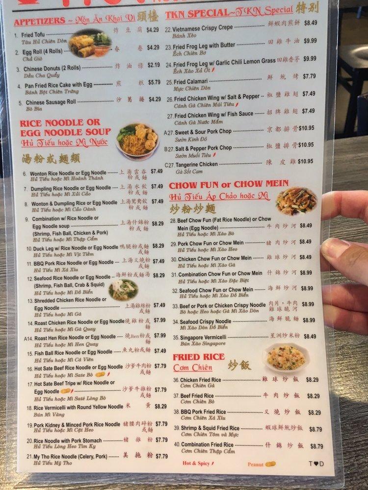Menu at Tim Ky Noodle restaurant, San Diego