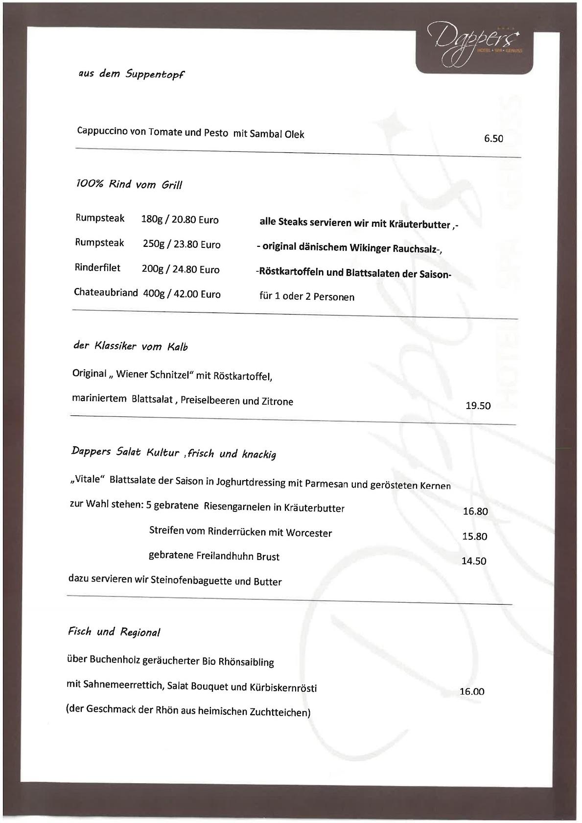 Speisekarte von Dappers Restaurant & Lounge, Bad Kissingen