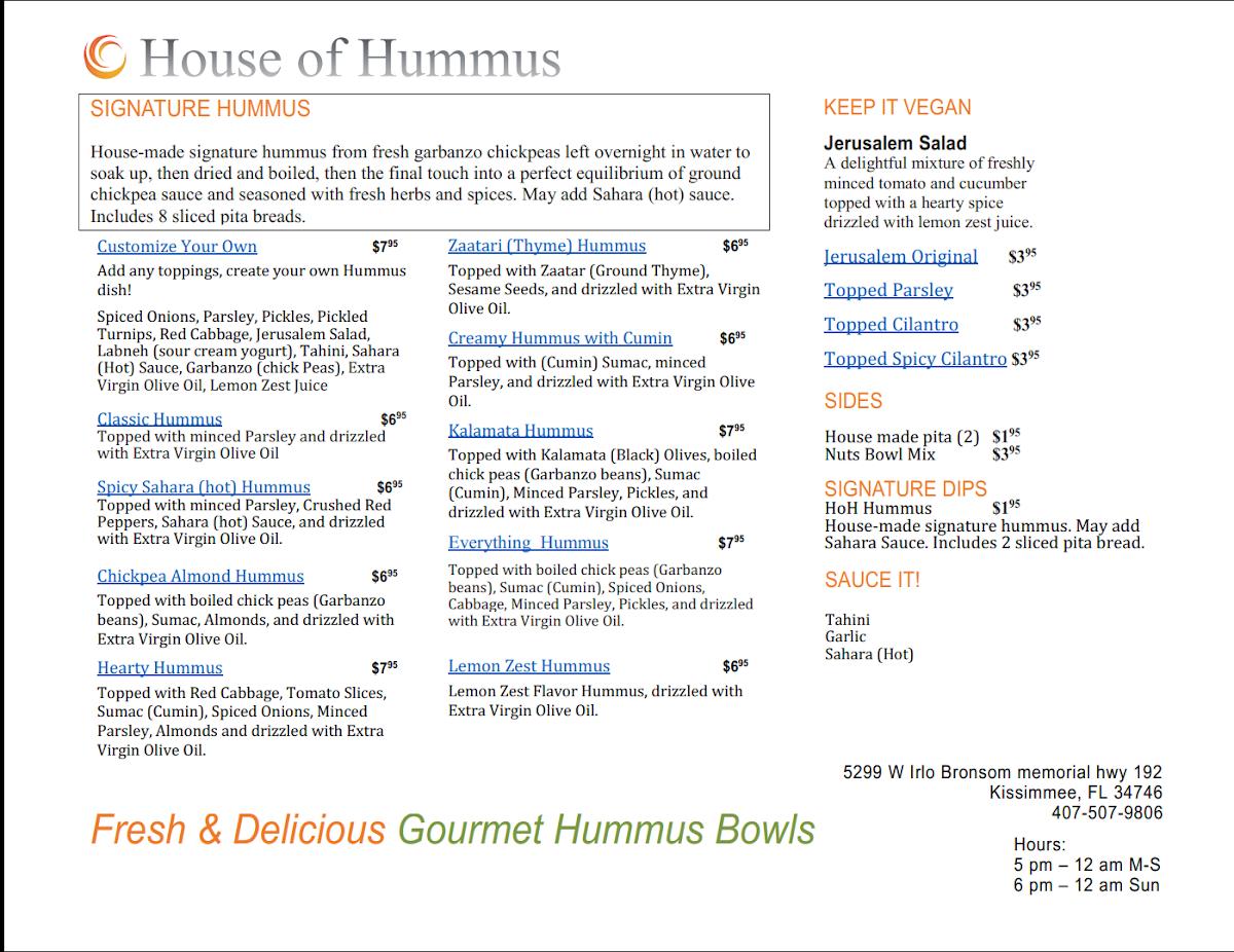 Menu at House of Hummus restaurant, Kissimmee