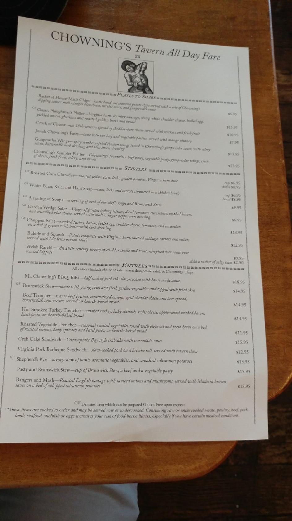 Menu at Chowning's Tavern pub & bar, Williamsburg