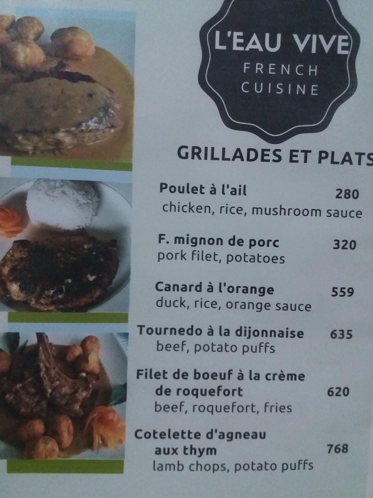 Menu at L'Eau Vive in Asia restaurant, Manila