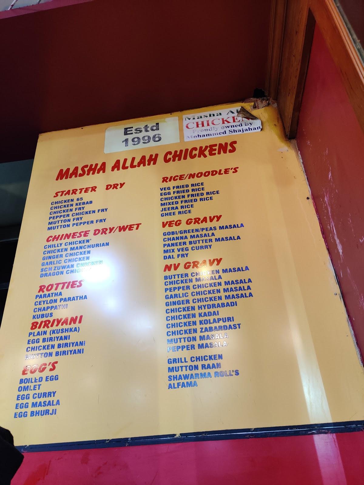 Menu at Masha Allah Chickens, Ooty