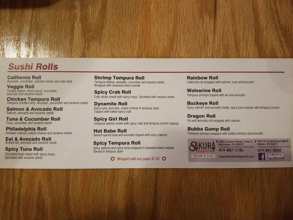 Menu at Sakura Express restaurant, Maumee