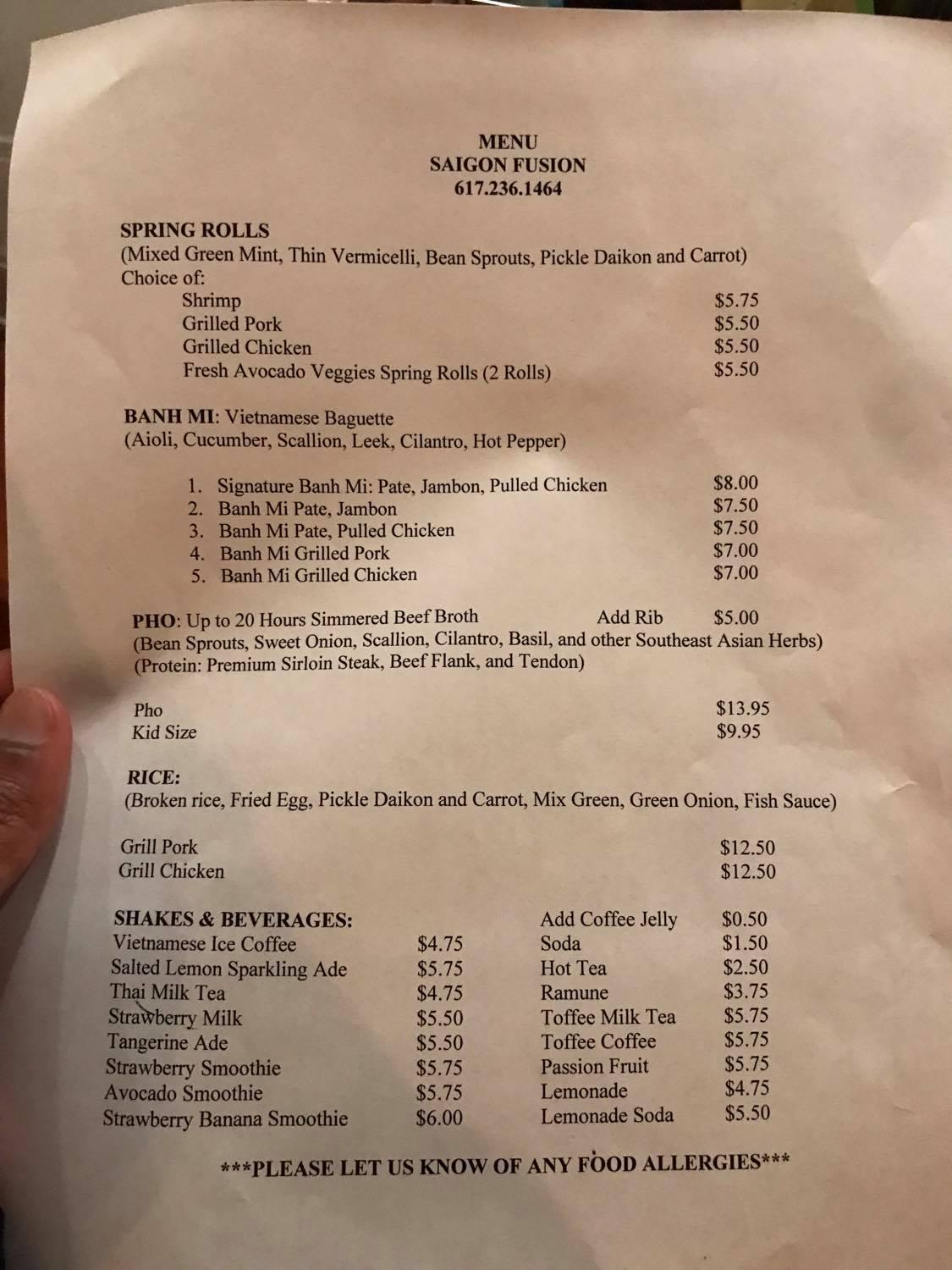 Menu at Saigon Fusion restaurant, Boston