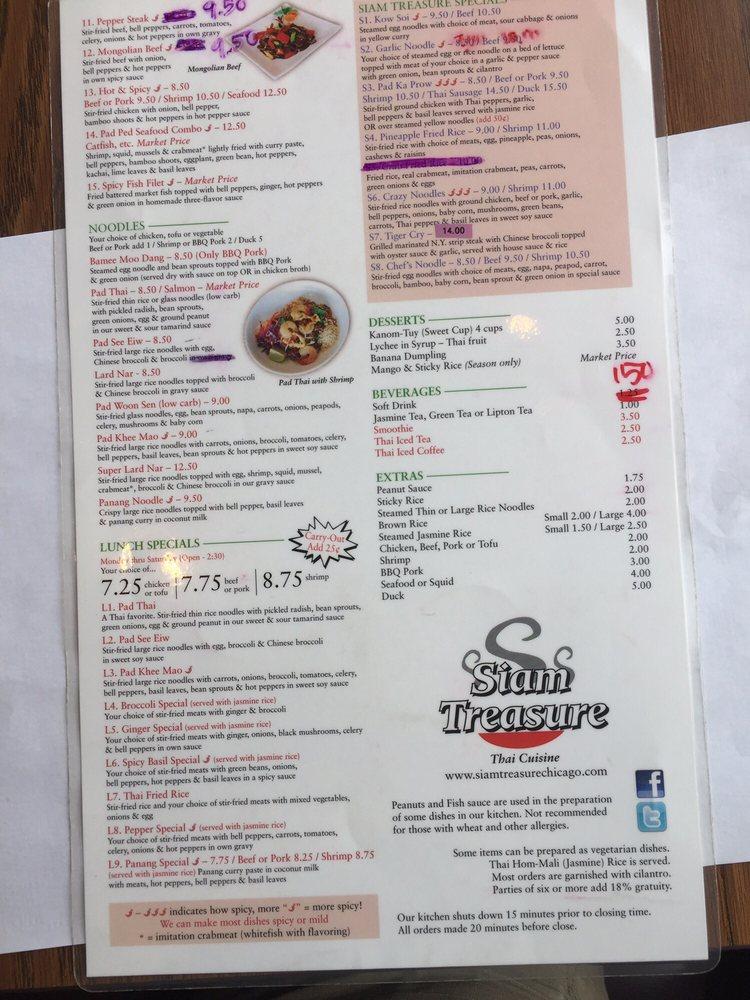 Menu at Siam Treasure restaurant, Chicago