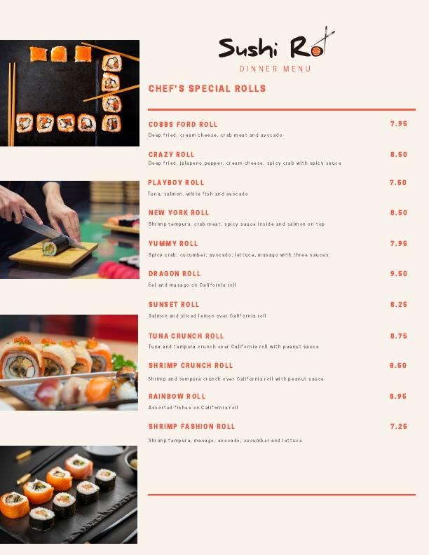 Menu at Sushi Ro restaurant, Prattville