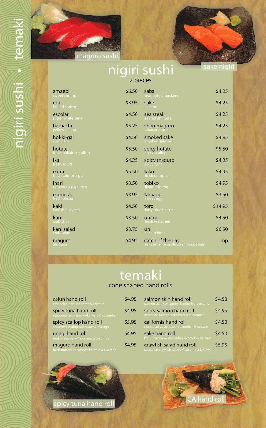 Menu at Taiko Sushi restaurant, Folsom