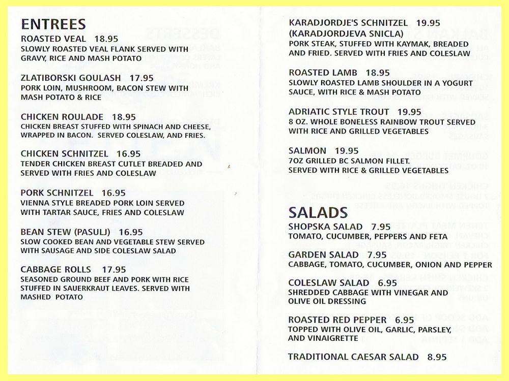 Menu at Tenen Restaurant, Burnaby