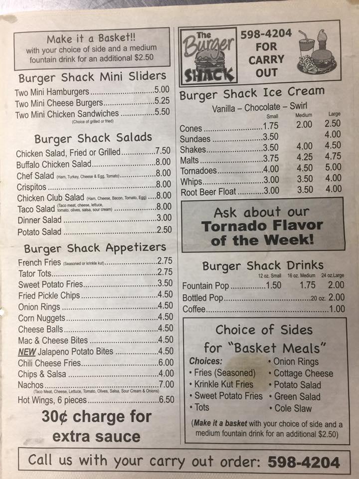 Menu at The Burger Shack restaurant, Faulkton, Main St