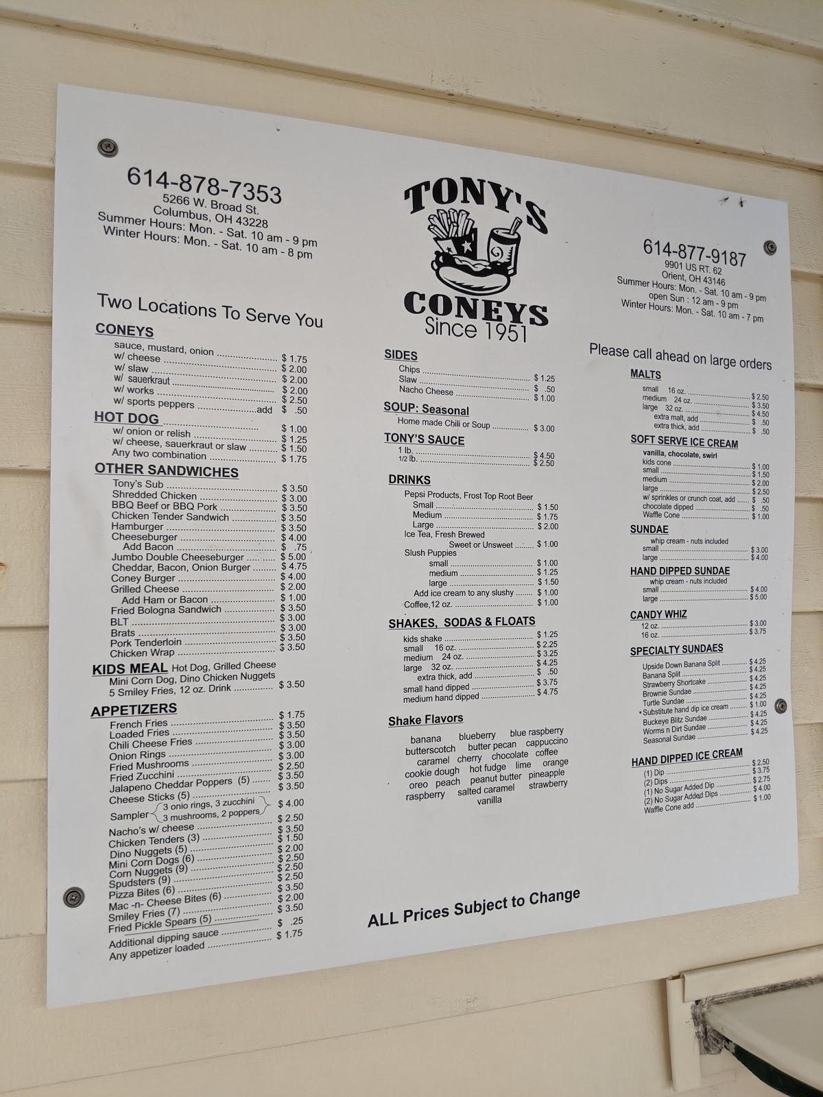 Menu at Tony's Coneys restaurant, Columbus