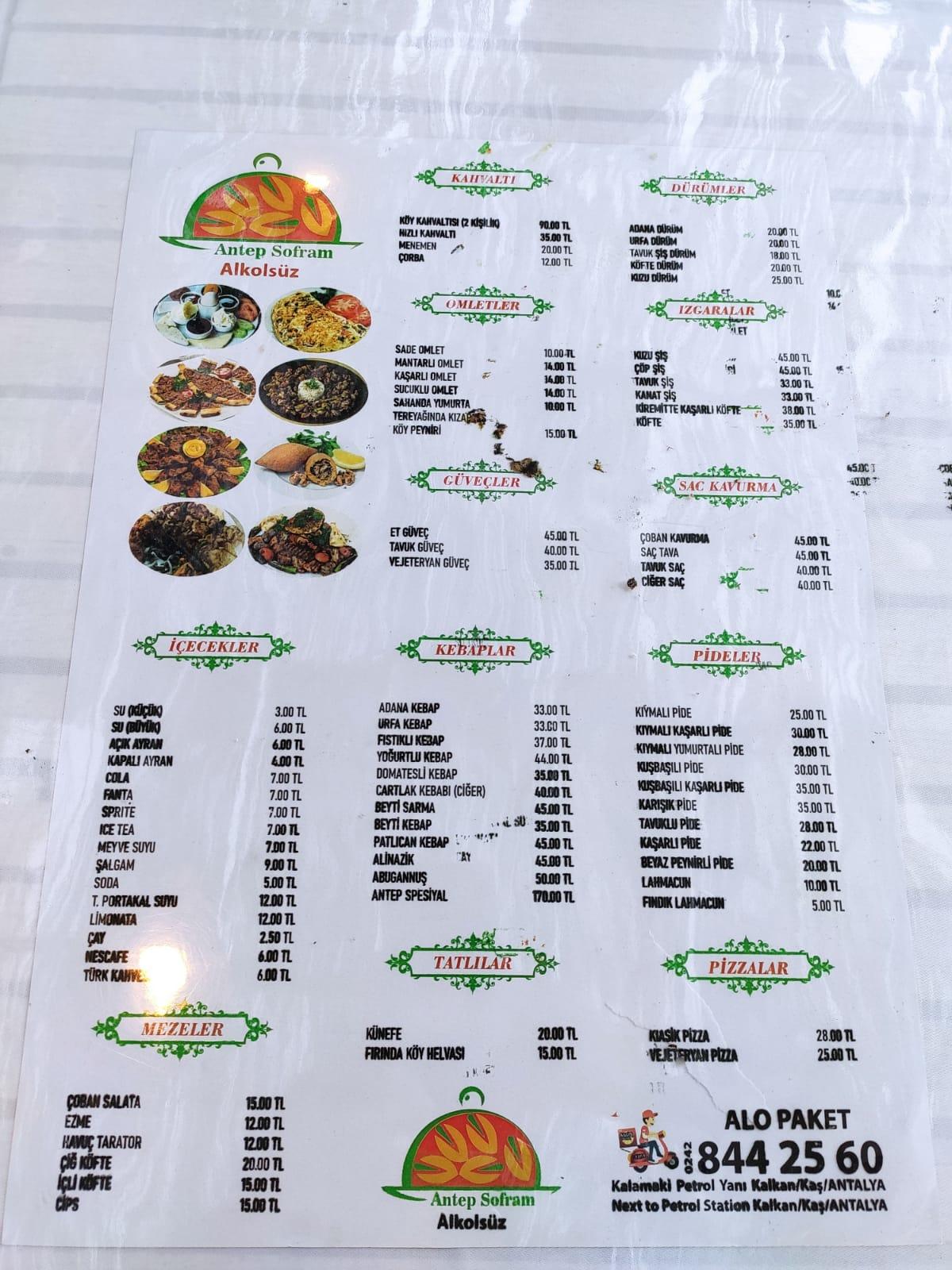 Menu at Antep Sofram Alkolsüz Restaurant, Turkey, Petrol ofisi yani