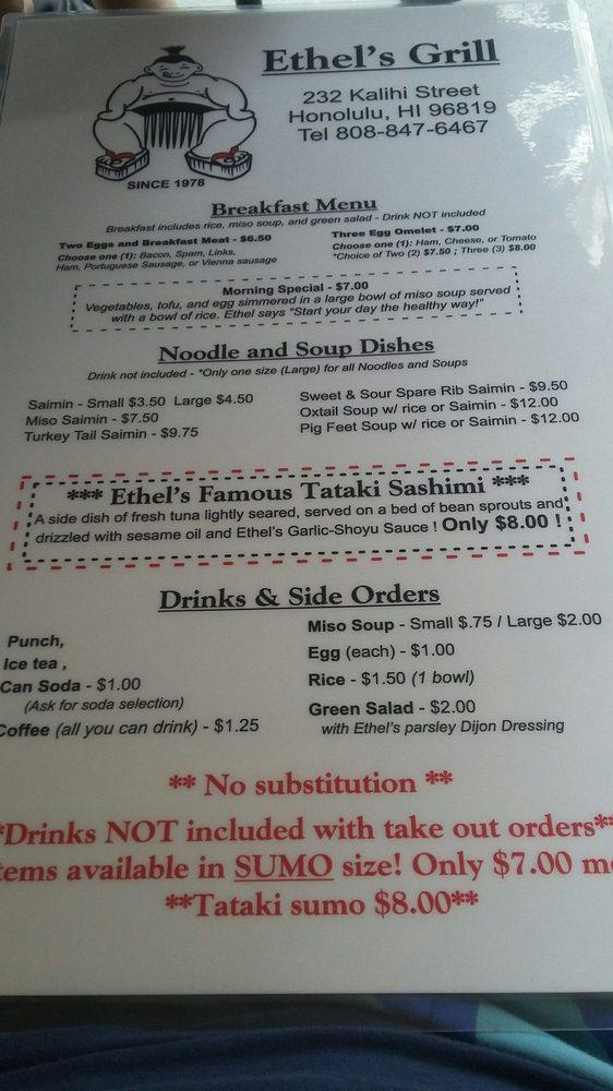 Menu at Ethel's Grill restaurant, Honolulu