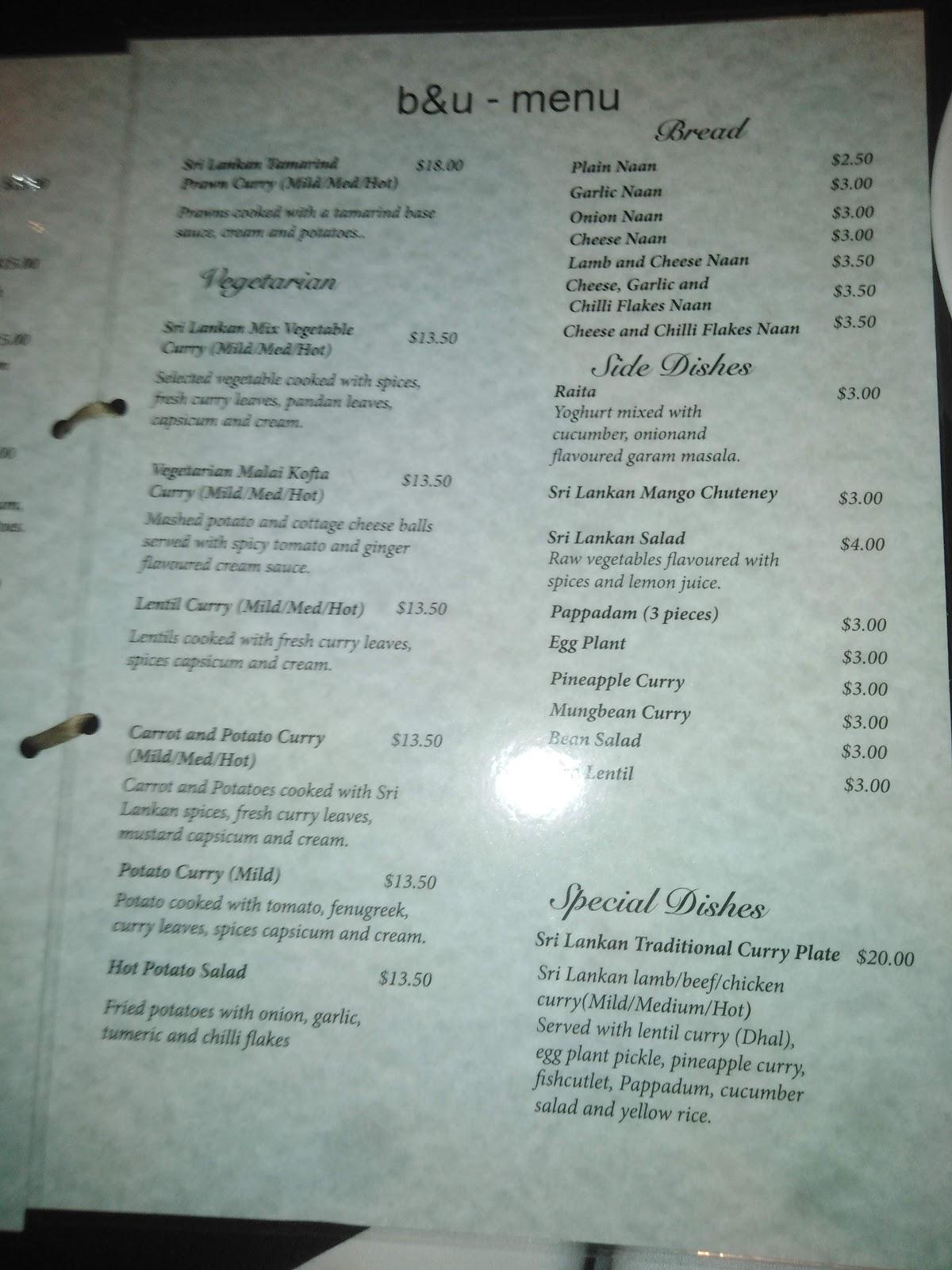 Menu at B & U restaurant, Warradale