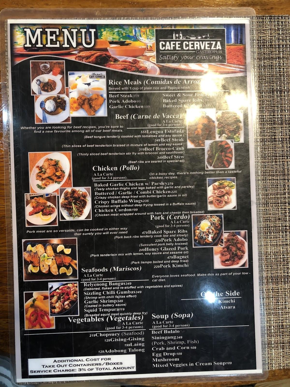 Menu at Café Cerveza restaurant, Tupi