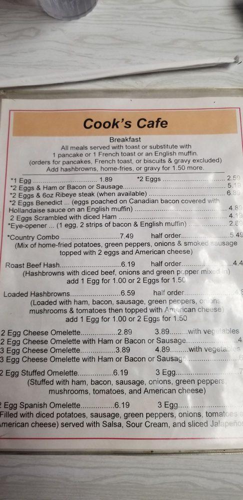 Menu at Cooks Cafe, Mason City