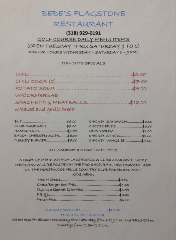 Menu at Flagstone Steakhouse, Shreveport