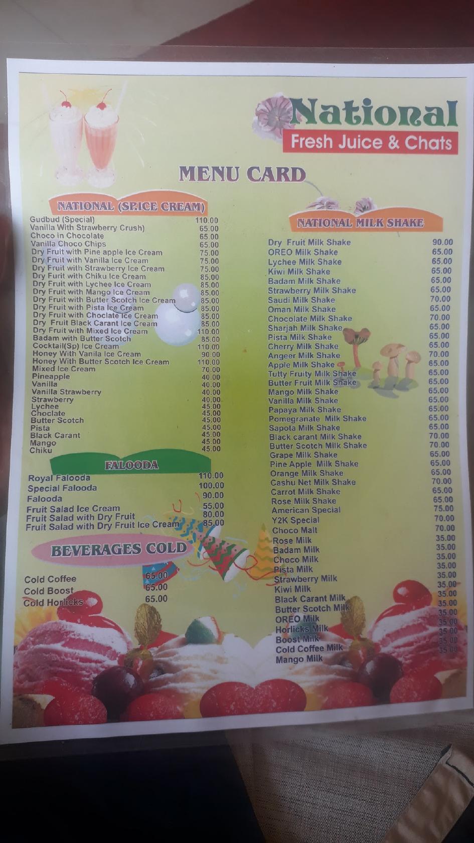 Menu at National Juice World. Shakes, Icecream, Chat & Snacks, Hosur