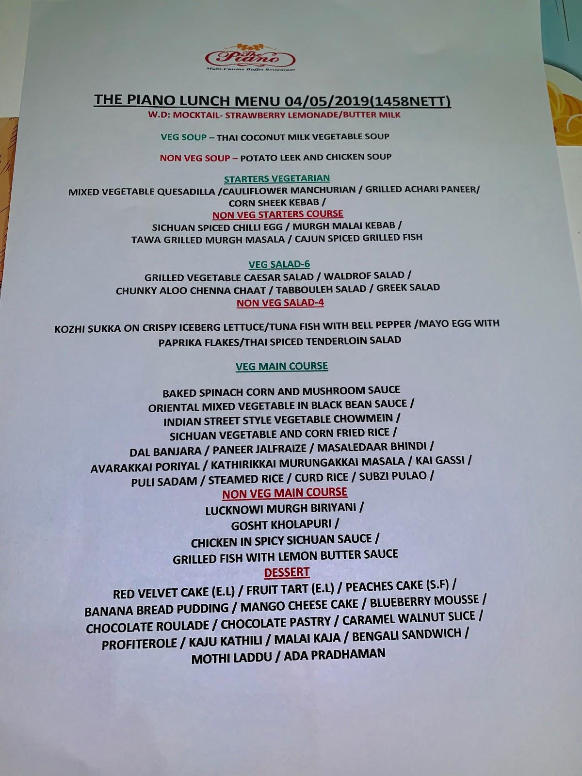 Menu at Piano Restaurant, Chennai