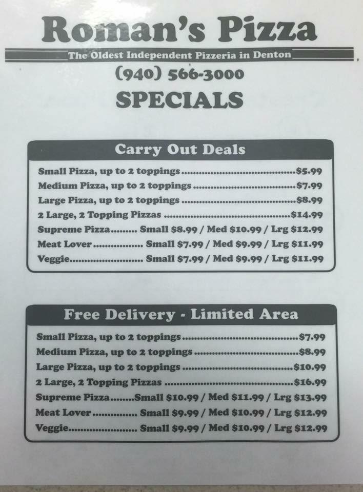 Menu at Roman's Pizza pizzeria, Denton, N Elm St #200