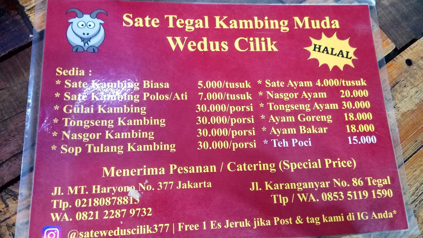 Menu at Sate Tegal Kambing Muda Wedus Cilik restaurant, East Jakarta