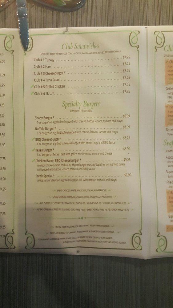 Menu at Shady Acres Diner restaurant, Foster