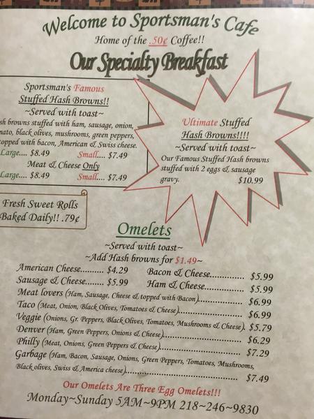 Menu at Sportsman Cafe, Deer River