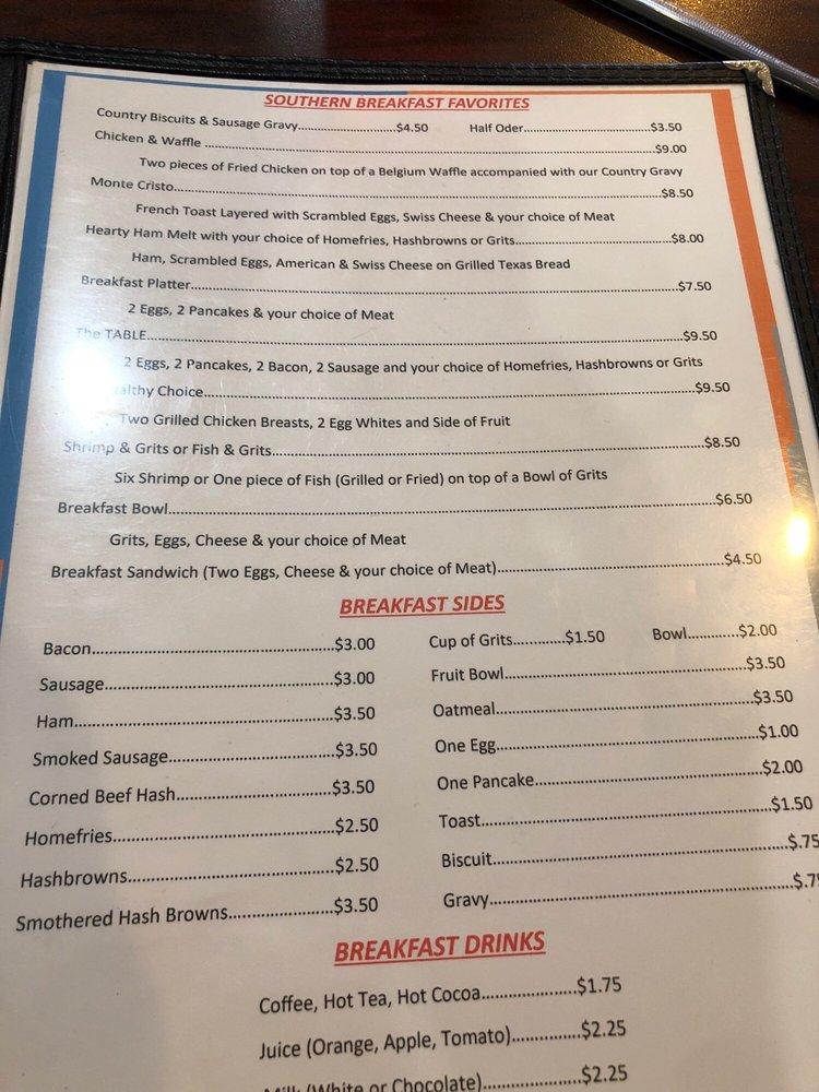 Menu at The Southern Table restaurant, Bunnell
