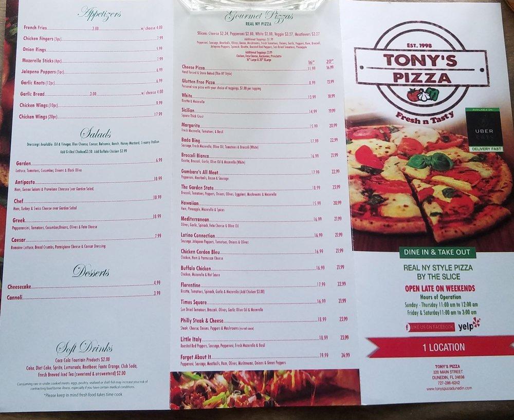 Menu at Tony's Pizza pizzeria, Dunedin