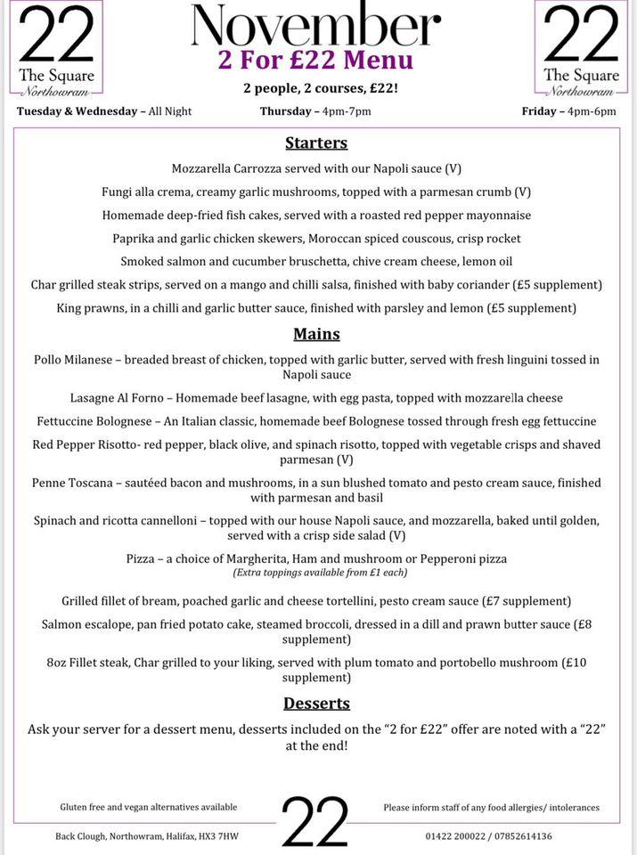 Menu at 22 The Square Restaurant, Halifax